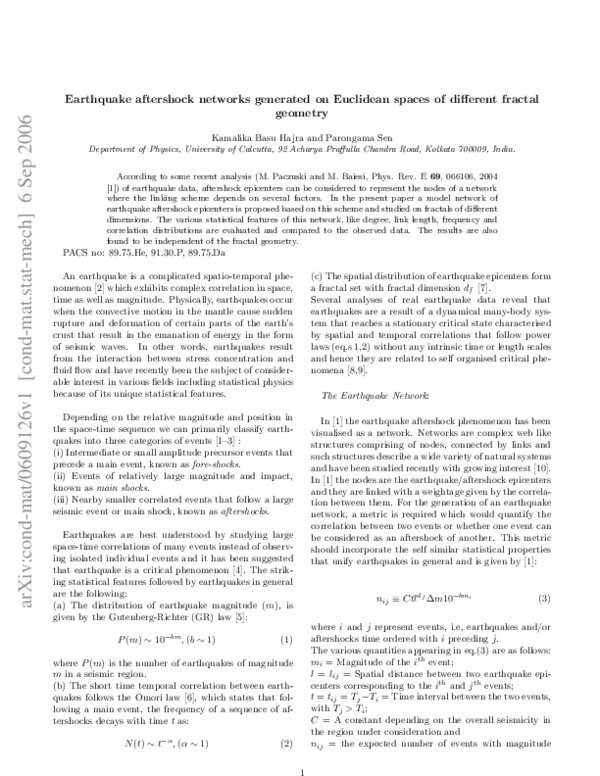 (PDF) Earthquake aftershock networks generated on Euclidean spaces of different fractal geometry