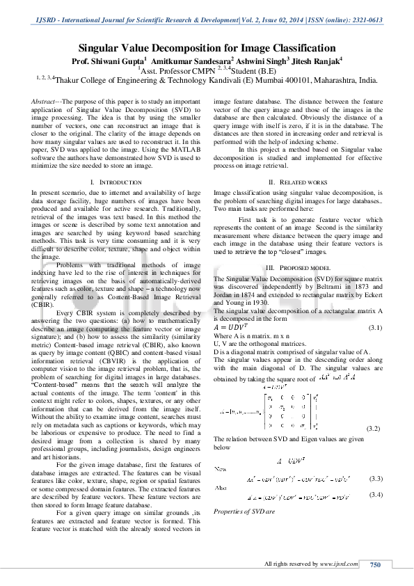 (PDF) Singular Value Decomposition for Image Classification