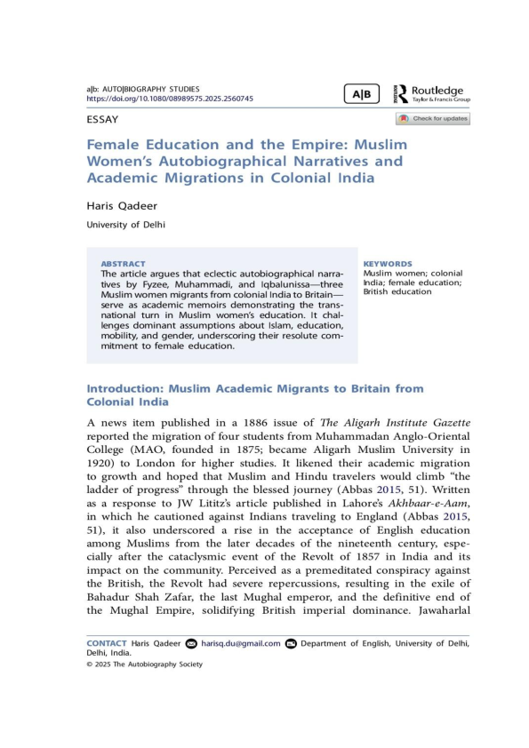 (PDF) Female Education and the Empire: Muslim Women’s Autobiographical ...