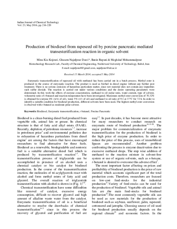 (PDF) Production of biodiesel from rapeseed oil by porcine pancreatic ...