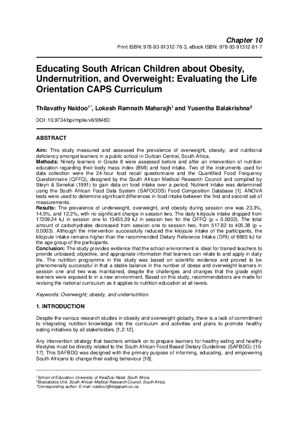 (PDF) Educating South African Children about Obesity, Undernutrition, and Overweight: Evaluating ...