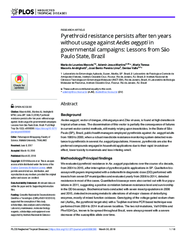 (PDF) Pyrethroid resistance persists after ten years without usage against Aedes aegypti in ...