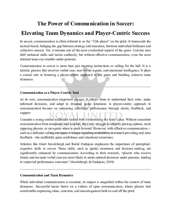 (PDF) The Power of Communication in Soccer: Elevating Team Dynamics and ...