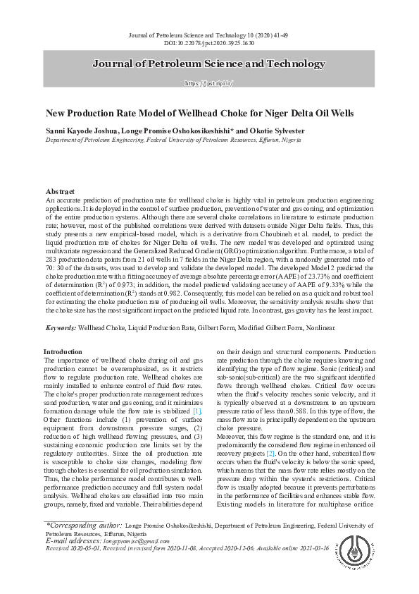 (PDF) New Production Rate Model of Wellhead Choke for Niger Delta Oil Wells