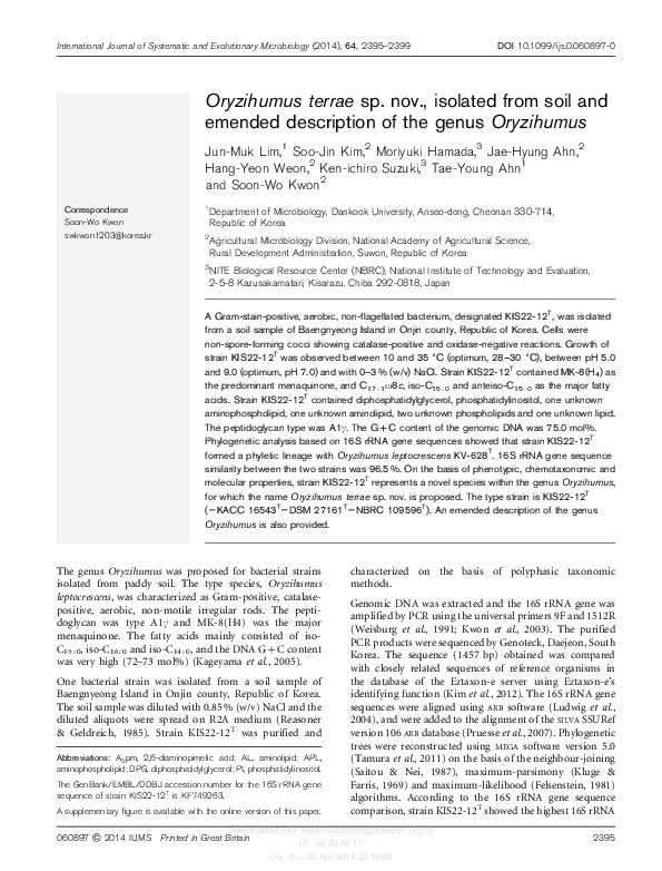 (PDF) Oryzihumus terrae sp. nov., isolated from soil and emended ...