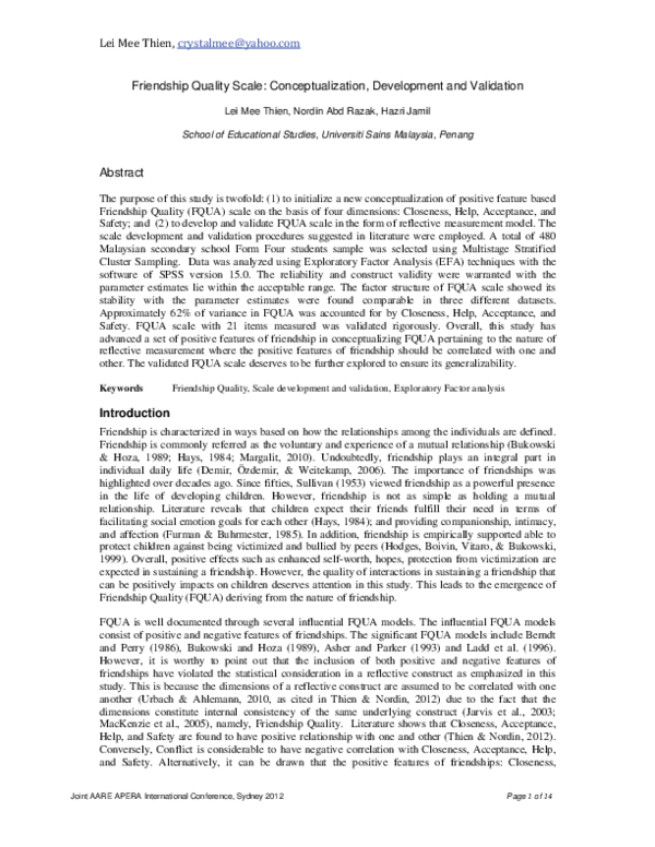 (PDF) Friendship Quality Scale: Conceptualization, Development and ...