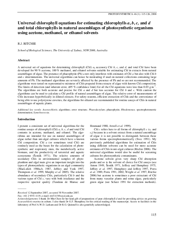 (PDF) Universal chlorophyll equations for estimating chlorophylls a, b ...