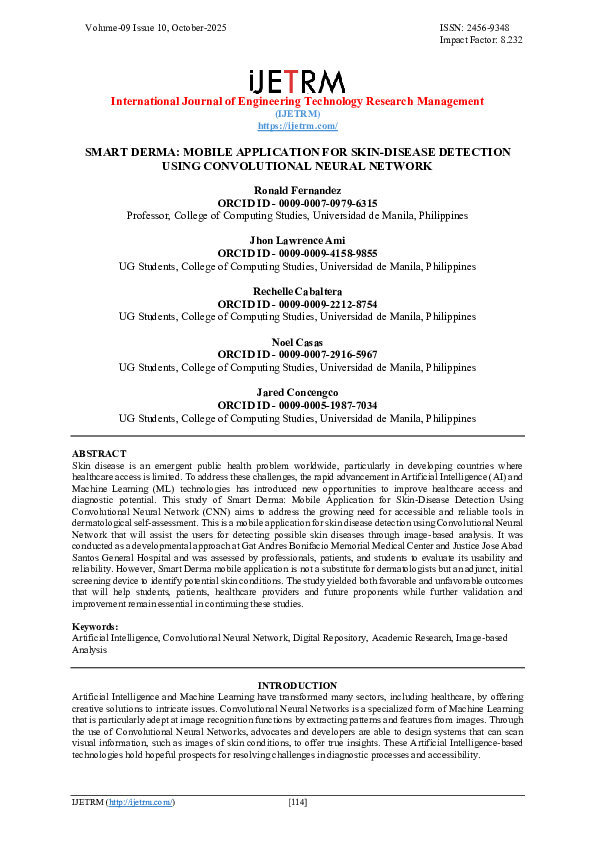 (PDF) SMART DERMA: MOBILE APPLICATION FOR SKIN-DISEASE DETECTION USING ...