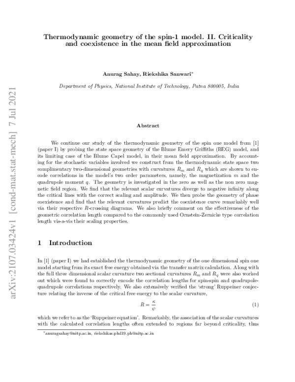 (PDF) Thermodynamic geometry of the spin-1 model. II. Criticality and coexistence in the mean ...