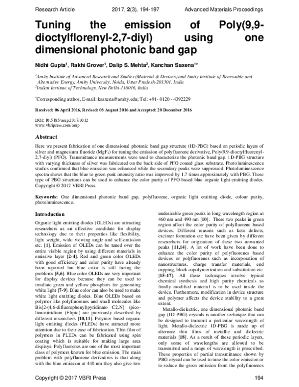 (PDF) Tuning the emission of Poly(9,9-dioctylflorenyl-2,7-diyl) using one dimensional photonic ...