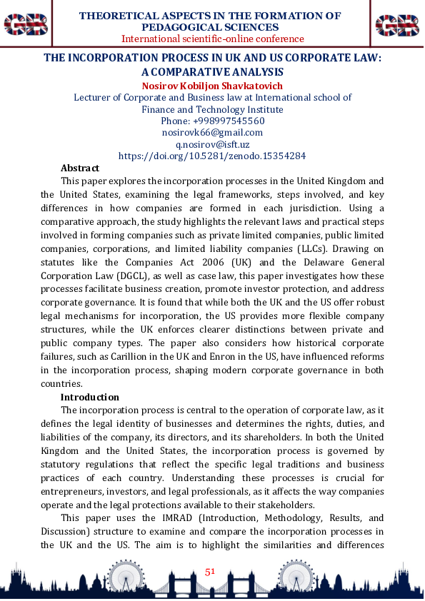 (PDF) THE INCORPORATION PROCESS IN UK AND US CORPORATE LAW: A ...
