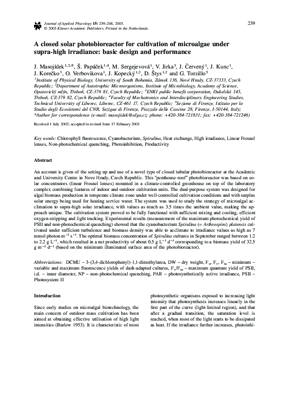 (PDF) A closed solar photobioreactor for cultivation of microalgae ...