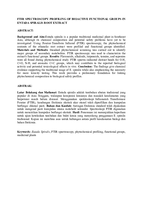 (PDF) FTIR Spectroscopy Profiling Of Bioactive Functional Groups In Entada Spiralis Root Extract