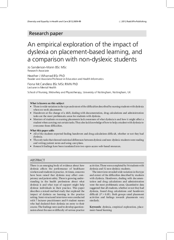 (PDF) An empirical exploration of the impact of dyslexia on placement ...