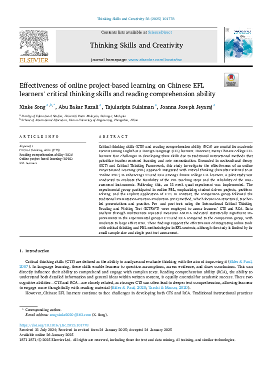 (PDF) Effectiveness of online project-based learning on Chinese EFL learners' critical thinking ...