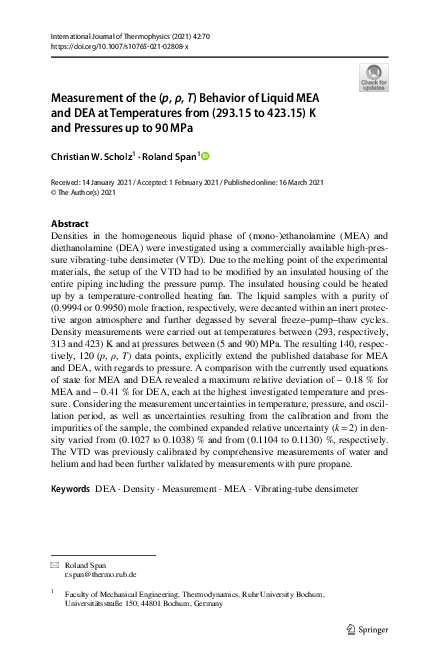 (PDF) Measurement of the (p, ρ, T) Behavior of Liquid MEA and DEA at ...