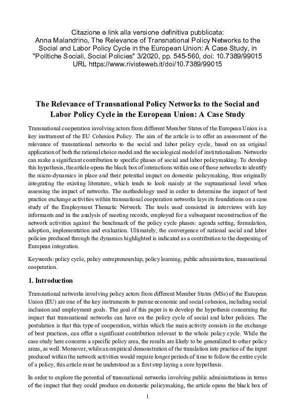 (PDF) The Relevance of Transnational Policy Networks to the Social and ...