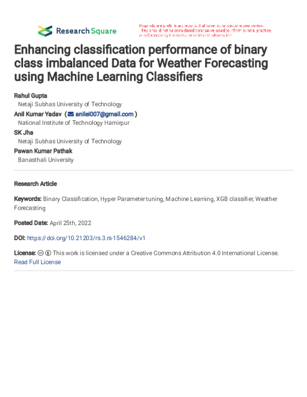 Pdf Enhancing Classification Performance Of Binary Class Imbalanced 2133