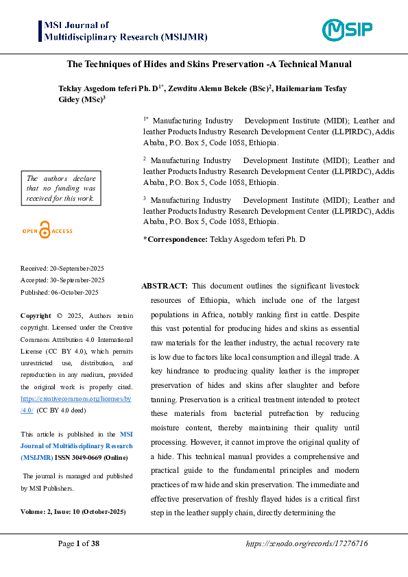 (PDF) The Techniques of Hides and Skins Preservation -A Technical Manual