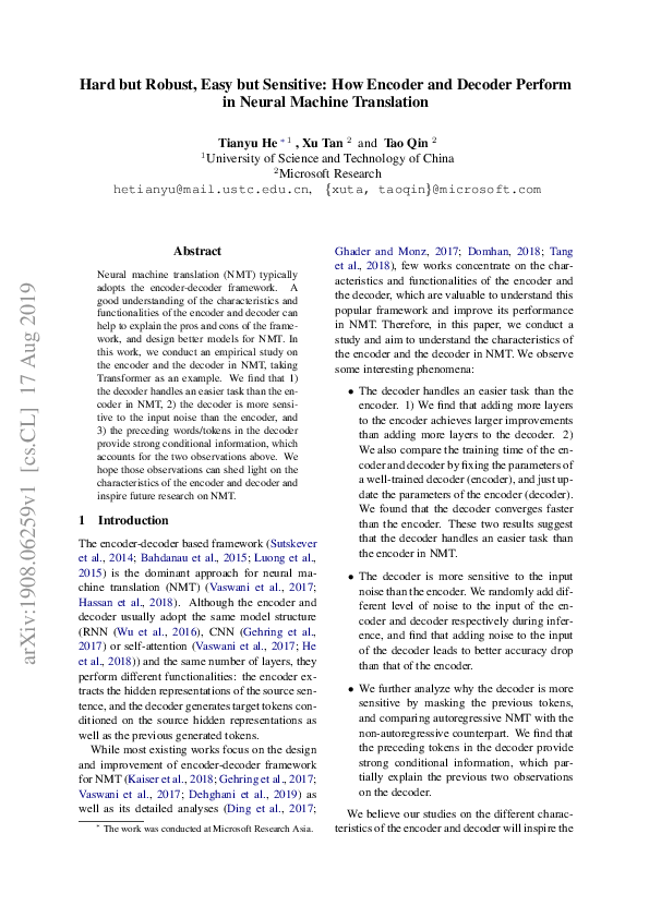 (PDF) Hard but Robust, Easy but Sensitive: How Encoder and Decoder Perform in Neural Machine ...