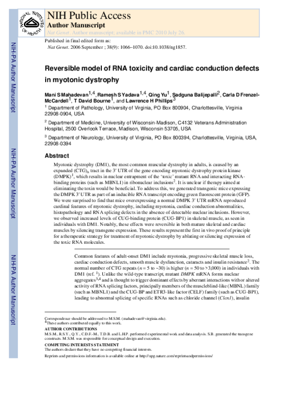 (PDF) Reversible model of RNA toxicity and cardiac conduction defects ...