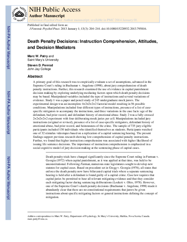 (PDF) Death Penalty Decisions: Instruction Comprehension, Attitudes ...