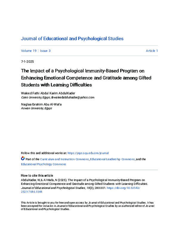 (PDF) The Impact of a Psychological Immunity-Based Program on Enhancing ...