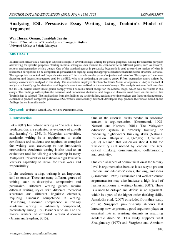 (PDF) Analysing ESL Persuasive Essay Writing Using Toulmin’s Model of ...
