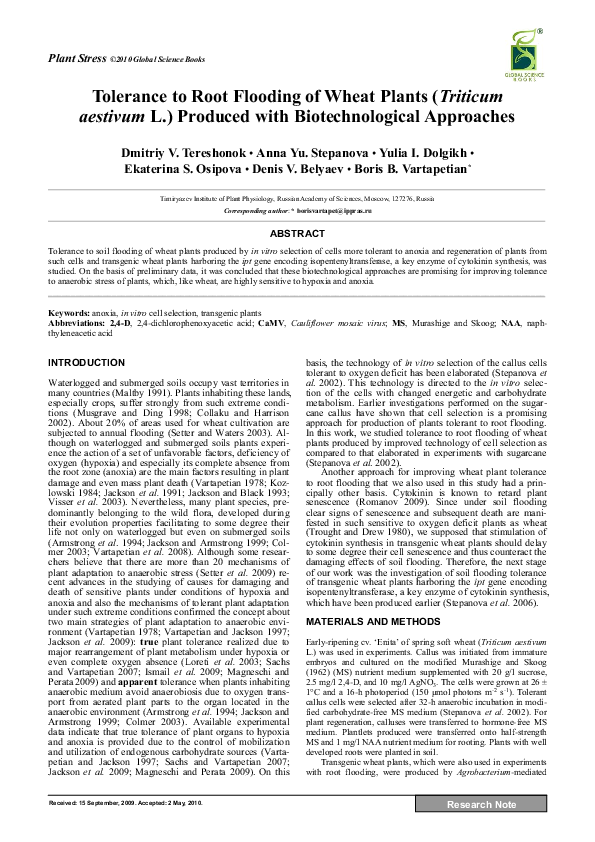 (PDF) Tolerance to Root Flooding of Wheat Plants (Triticum aestivum L ...