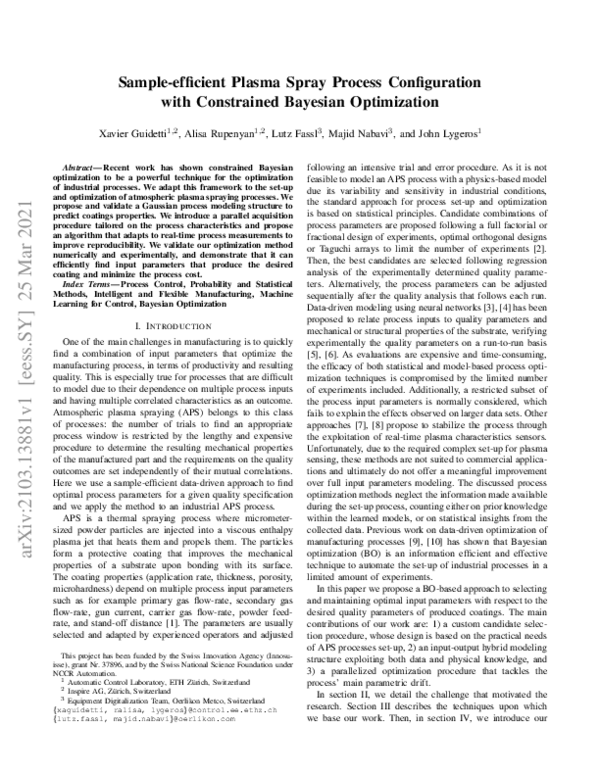 (PDF) Sample-efficient Plasma Spray Process Configuration with Constrained Bayesian Optimization