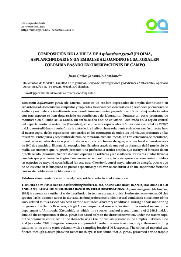 (PDF) COMPOSICIÓN DE LA DIETA DE Asplanchna girodi (PLOIMA ...