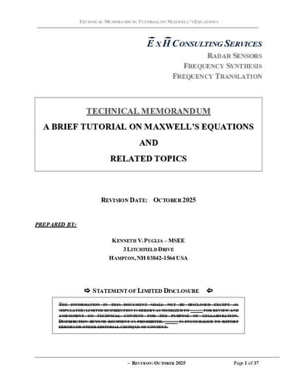 (PDF) TECHNICAL MEMORANDUM: TUTORIAL ON MAXWELL'S EQUATIONS -REVISION: OCTOBER 2025