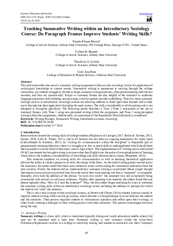 (PDF) Teaching Summative Writing within an Introductory Sociology Course: Do Paragraph Frames ...