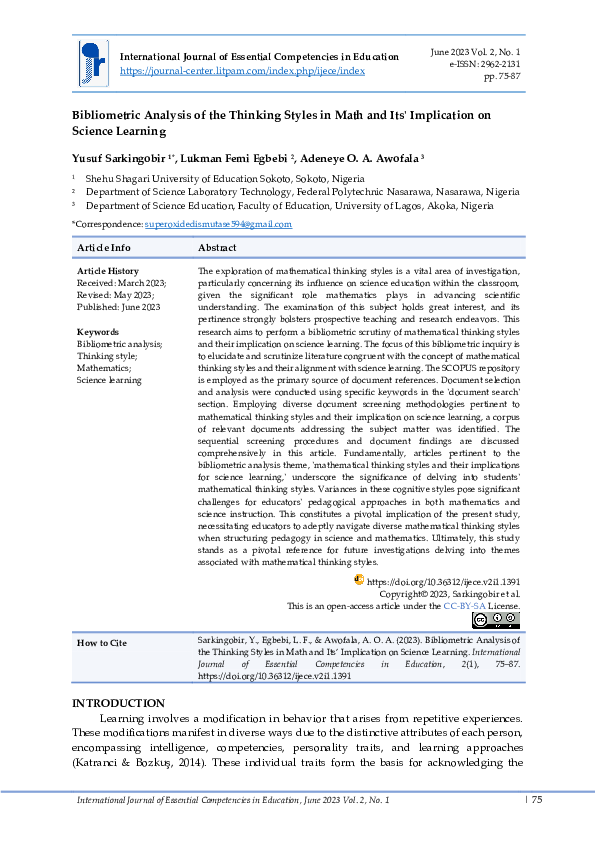(PDF) Bibliometric Analysis of the Thinking Styles in Math and Its' Implication on Science Learning
