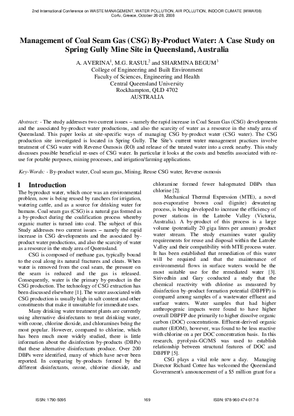 (PDF) Management of coal seam gas (CSG) by-product water: a case study on Spring Gully Mine Site ...