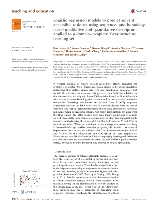 (PDF) Logistic regression models to predict solvent accessible residues using sequence- and ...