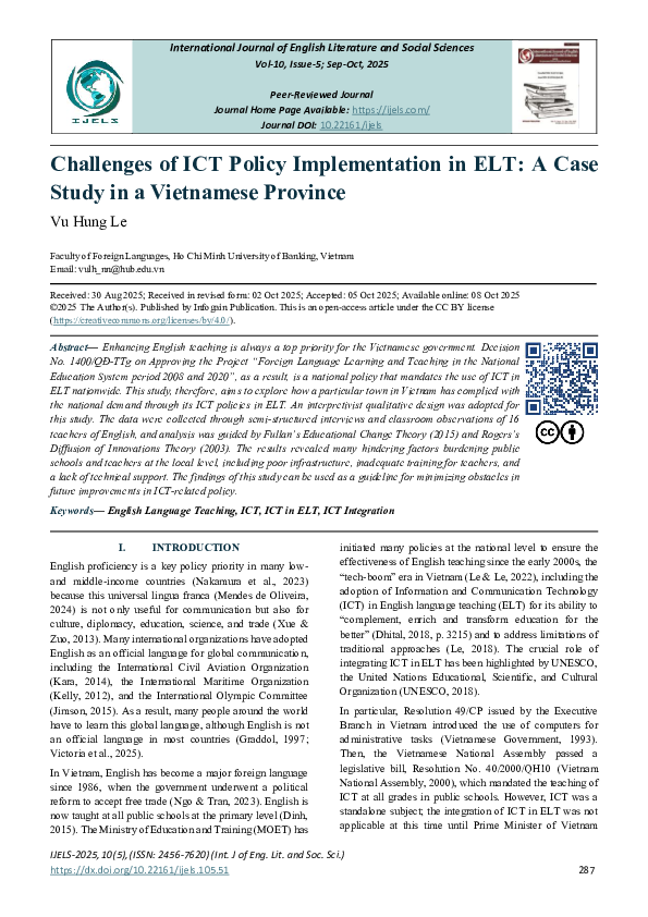(PDF) Challenges of ICT Policy Implementation in ELT: A Case Study in a Vietnamese Province
