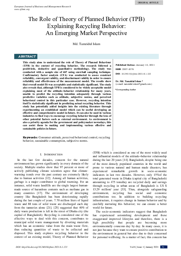 (PDF) The Role of Theory of Planned Behavior (TPB) Explaining Recycling ...