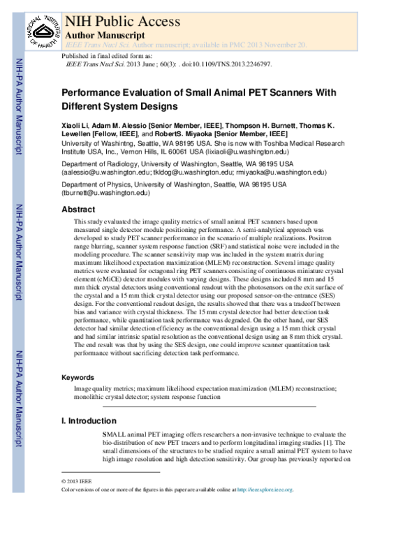 (PDF) Performance Evaluation of Small Animal PET Scanners With ...