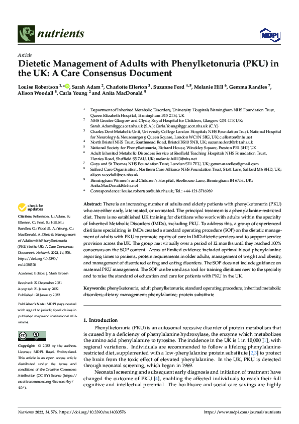 (PDF) Dietetic Management of Adults with Phenylketonuria (PKU) in the UK: A Care Consensus Document