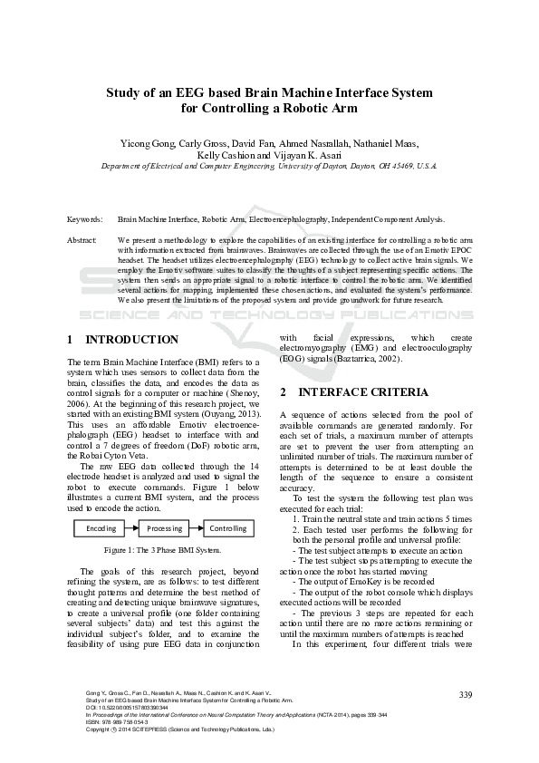 (PDF) Study of an EEG based Brain Machine Interface System for Controlling a Robotic Arm