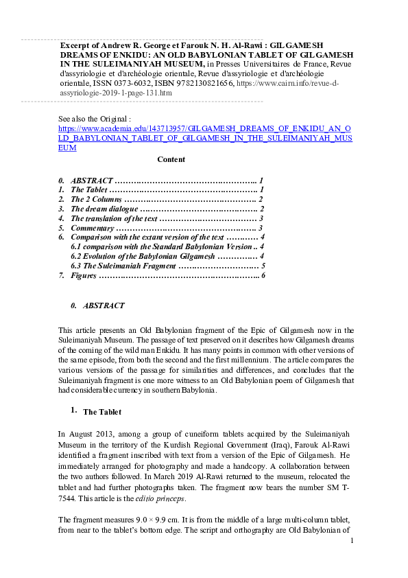 (PDF) Excerpt of GILGAMESH DREAMS OF ENKIDU AN OLD BABYLONIAN TABLET IN ...