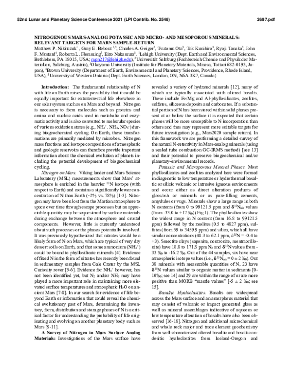 (PDF) Nitrogenous Mars-Analog Potassic and Micro- and Mesoporous Minerals: Relevant Targets for ...