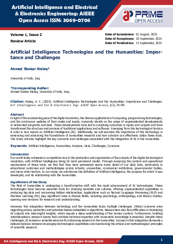(PDF) Artificial Intelligence Technologies and the Humanities: Importance and Challenges
