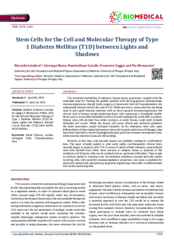 (PDF) Stem Cells for the Cell and Molecular Therapy of Type 1 Diabetes ...