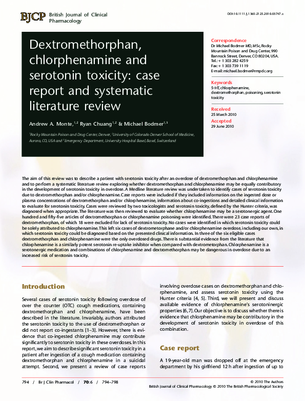 (PDF) Dextromethorphan, chlorphenamine and serotonin toxicity: case ...
