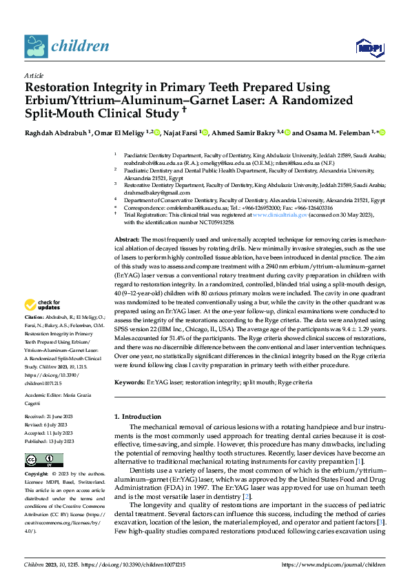 (PDF) Restoration Integrity in Primary Teeth Prepared Using Erbium ...