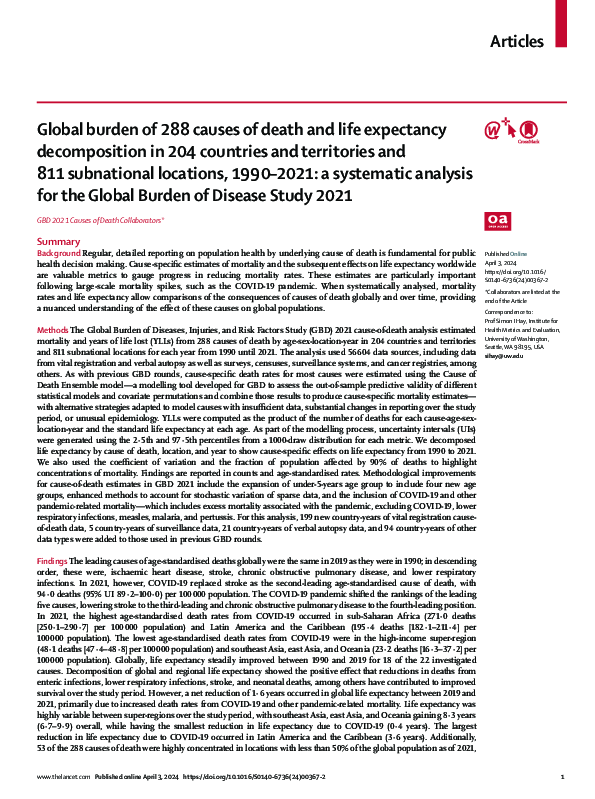 (PDF) Global burden of 288 causes of death and life expectancy ...