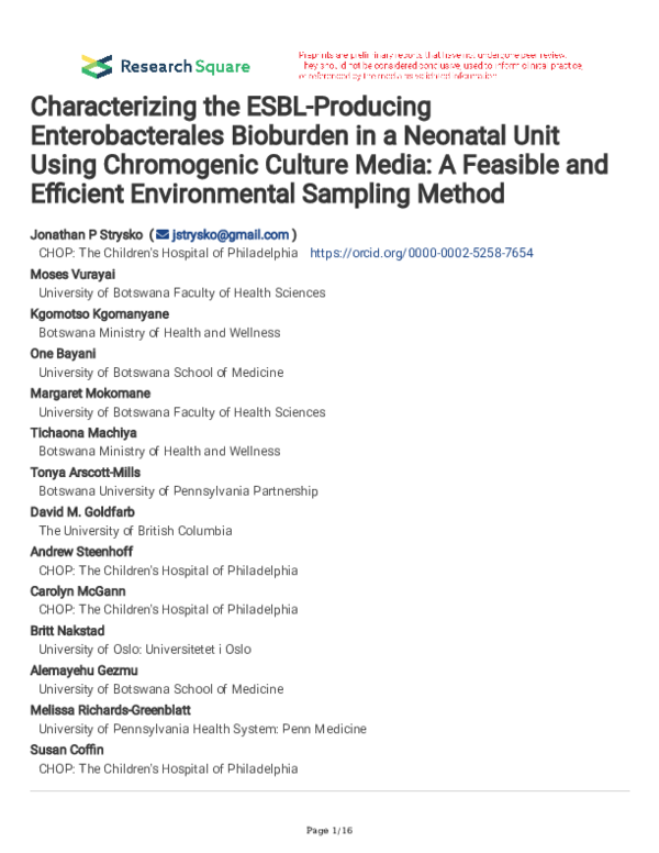 (PDF) Characterizing the ESBL-Producing Enterobacterales Bioburden in a ...