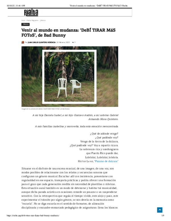 (PDF) Venir al mundo en mudanza: 'DeBÍ TiRAR MáS FOToS', de Bad Bunny